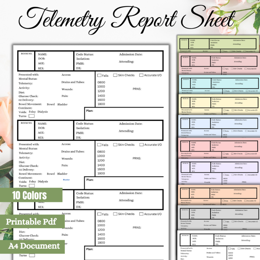 Telemetry Nurse Report Sheet | Printable Sheets | 10 Colours | Digital ...